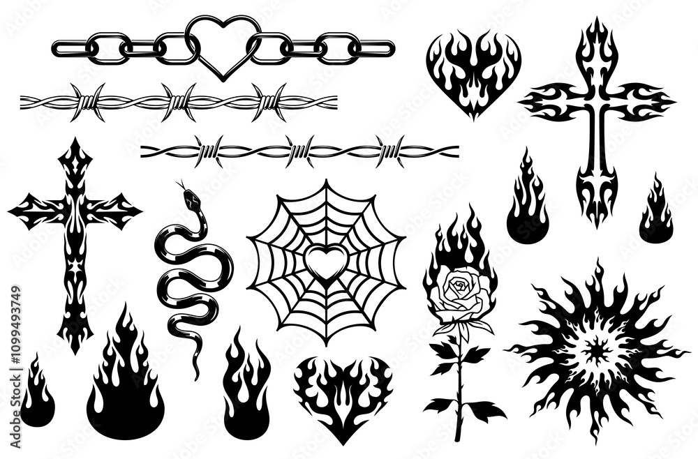 Y2K tribal tattoo set in abstract and gothic art with fire flames ...