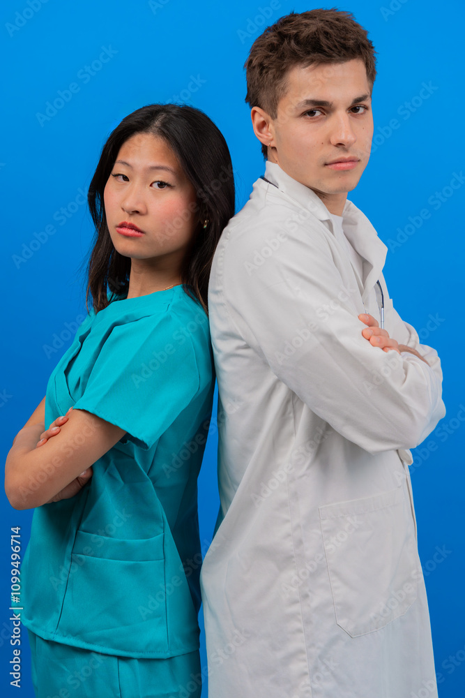 Confident doctor and nurse standing back-to-back with arms crossed ...