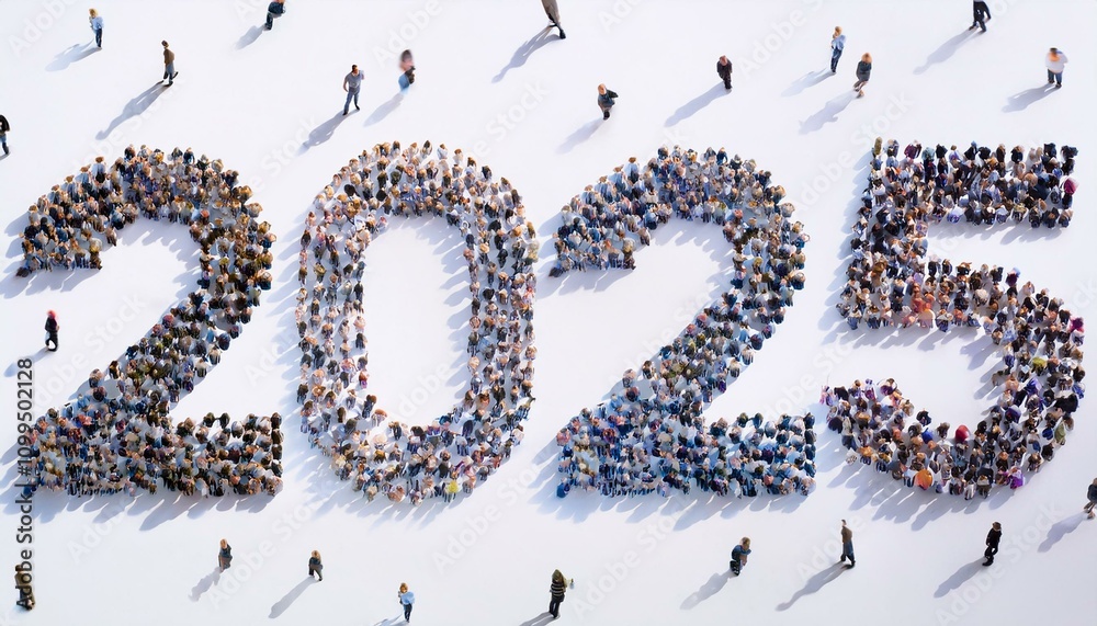 Human crowd forming a text 2025 on white background. Horizontal ...