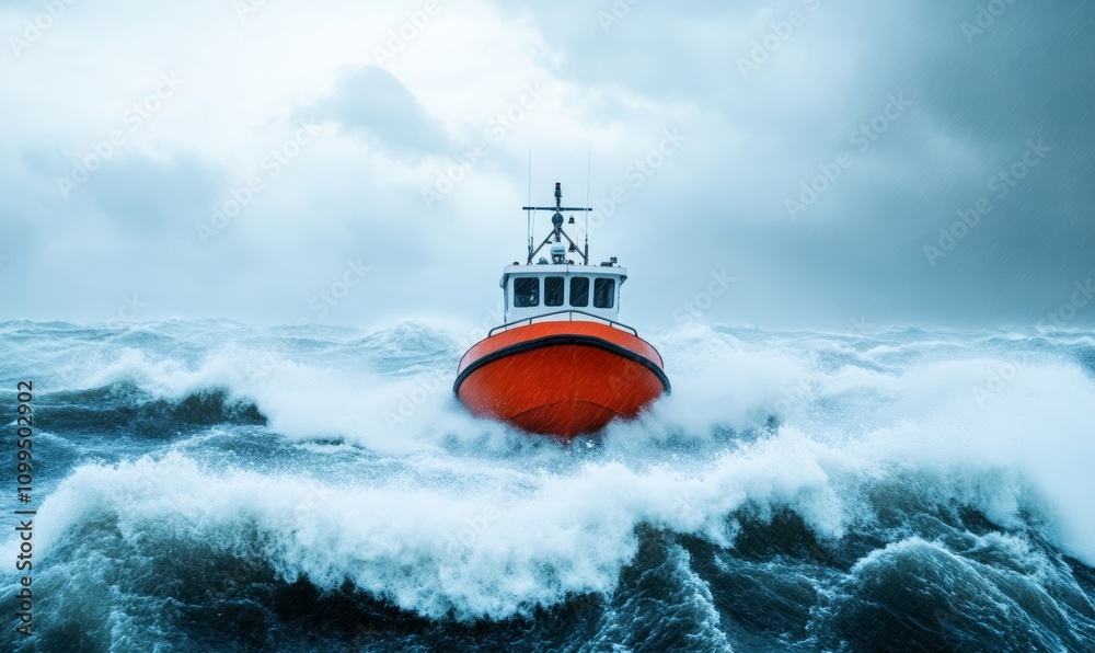 Bomb cyclone at sea, a small fishing boat battling towering waves under ...
