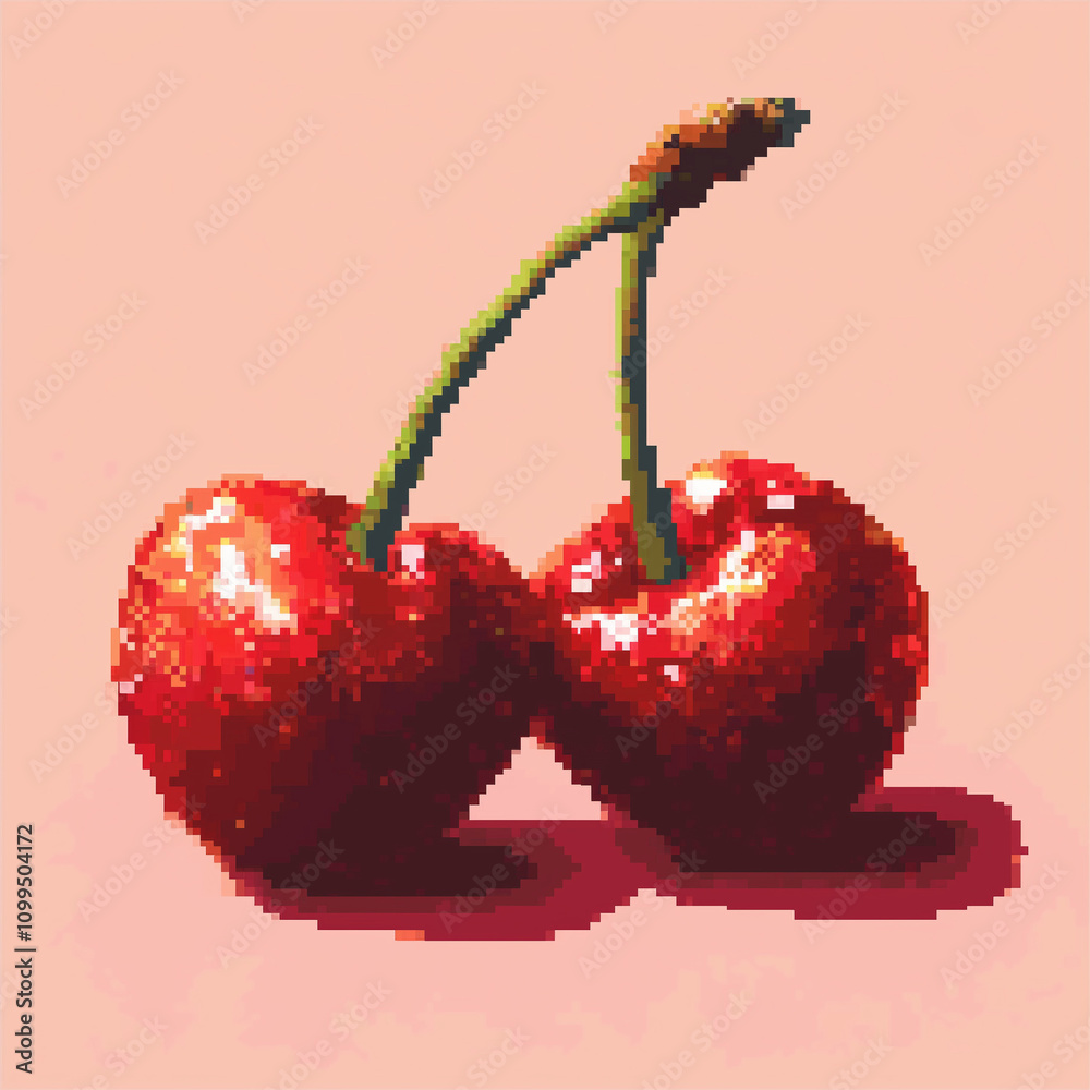 Pixel art of two shiny red cherries with stems on a soft pink ...