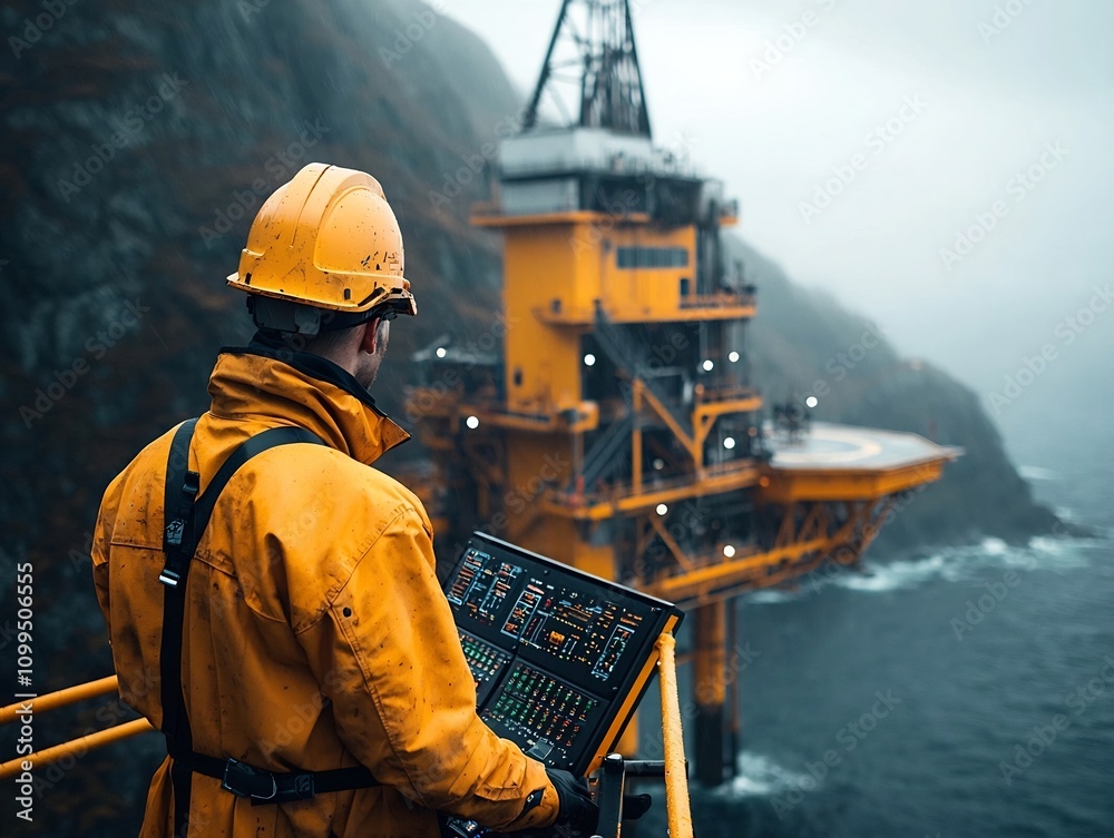 Offshore engineer diligently monitoring intricate control panels on a ...