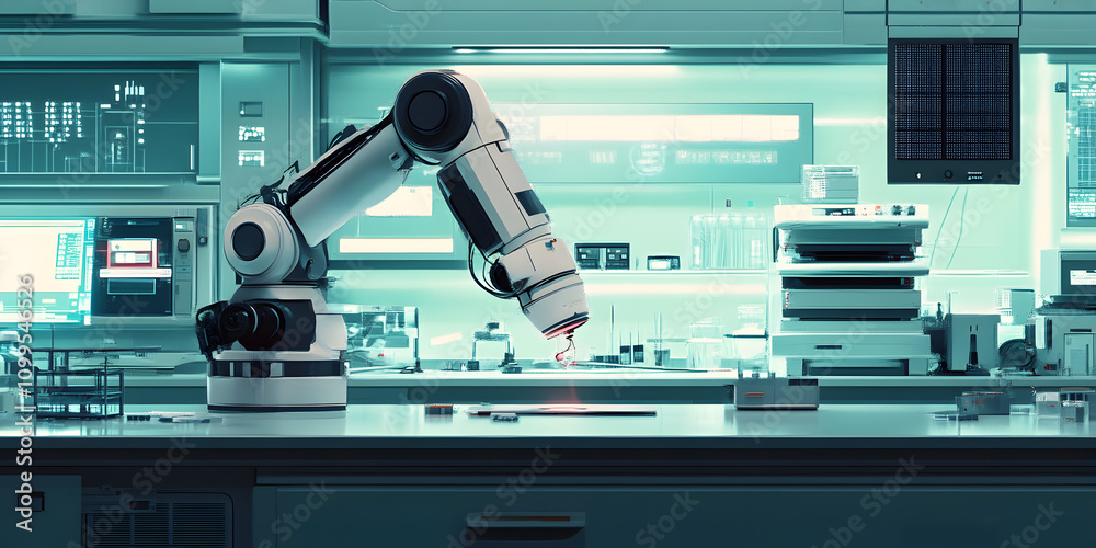 Precision Robotics in a Modern Lab: A sleek, robotic arm performs ...