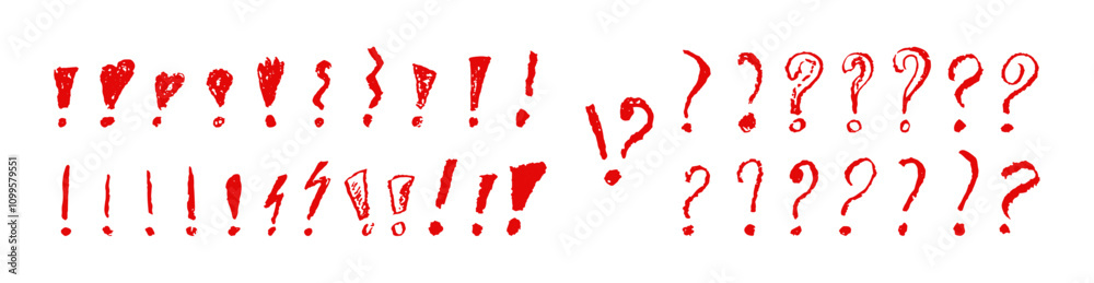 Exclamation and question marks symbols set. Red crayon hand written ...