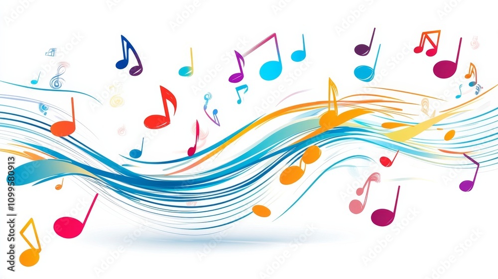 Music notes on a wavy musical staff, a simple white background design ...