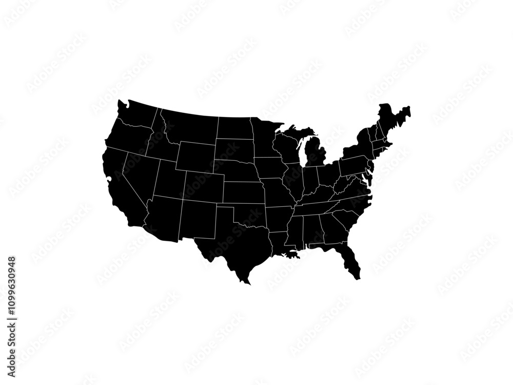 USA map with states isolated on a white background. Silhouette United ...
