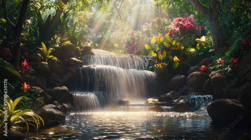 Waterfalls on smooth rocks in a tropical forest flow into a series of ...