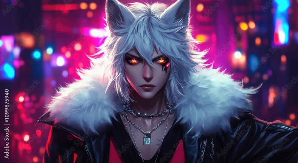 Anime male wolf character, night club style background with colorful ...