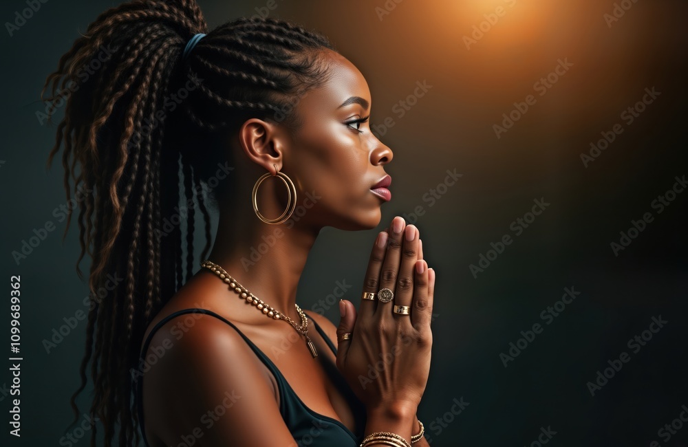 Foto de Stock Afro-American woman in prayer pose. Hands together in ...