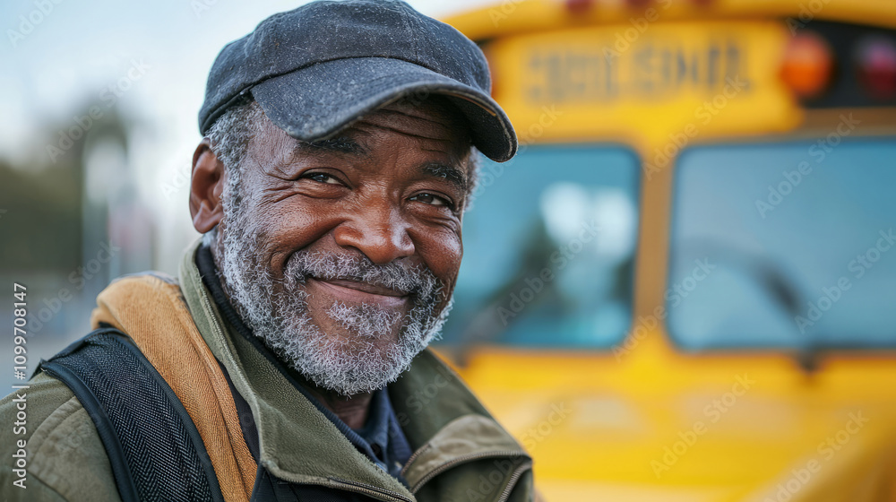 Smiling school bus driver standing in front of yellow school bus ...