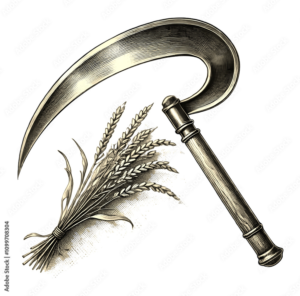 Vintage sickle illustration, antique sickle engraving with wheat bundle ...