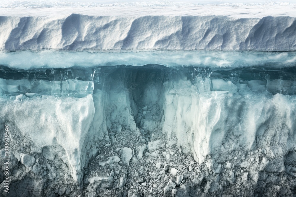 A cross-section of a glacier, revealing layers of compressed ice, snow ...