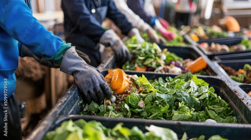 A food recycling facility operating with staff sorting organic waste ...