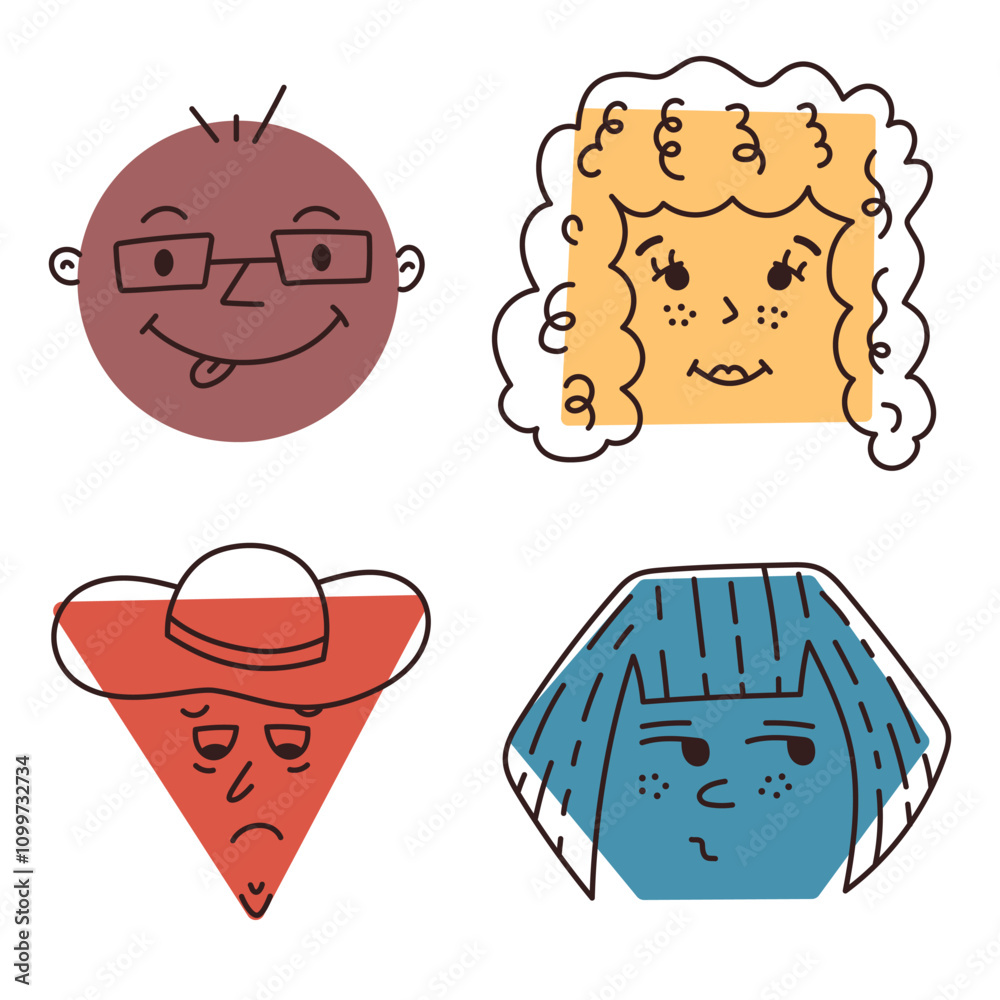 Cute colorful comic faces icon set with happy, sad, displeased emotions ...