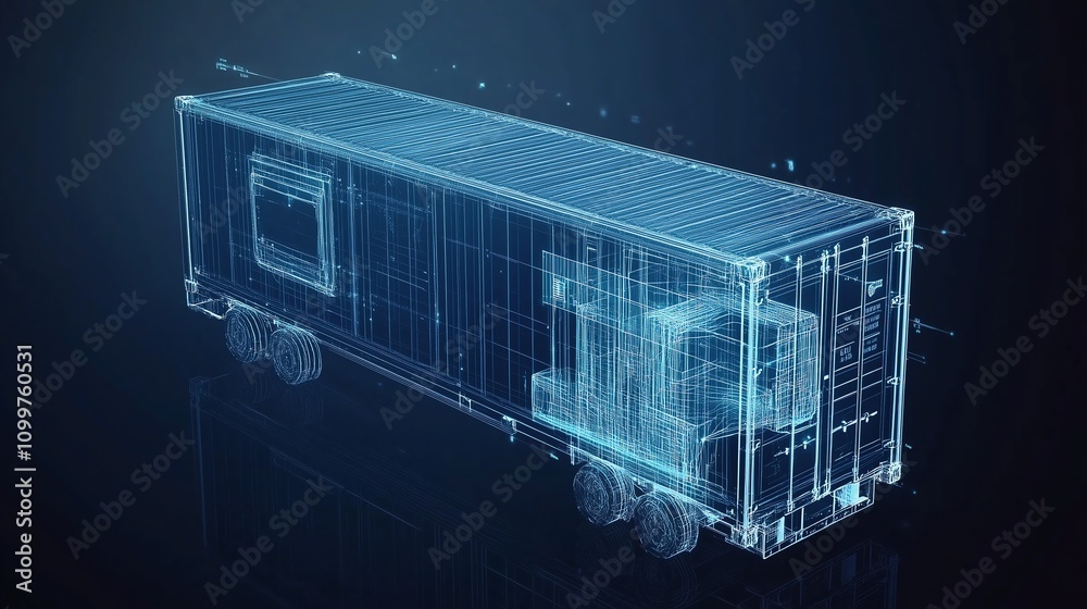 Abstract X-ray scanner analyzing freight containers, displaying glowing ...