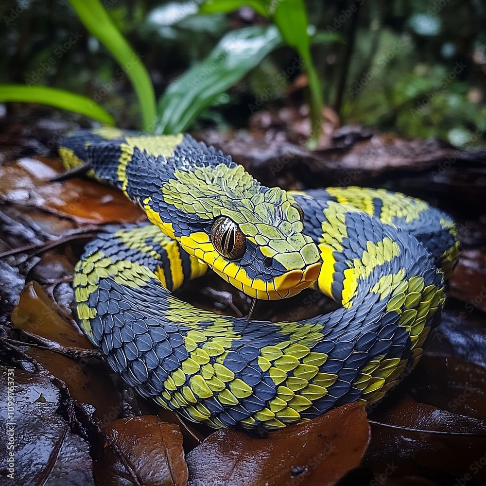 A venomous rhino viper snake, also known as Bitis nasicornis, is coiled ...