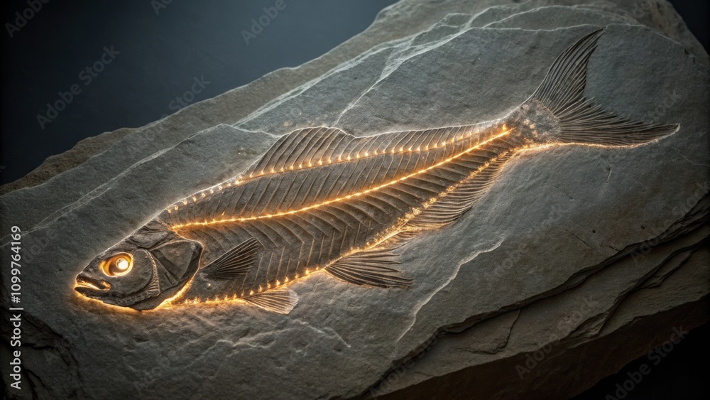 Fossilized fish from ancient period preserved in detailed stone slab ...