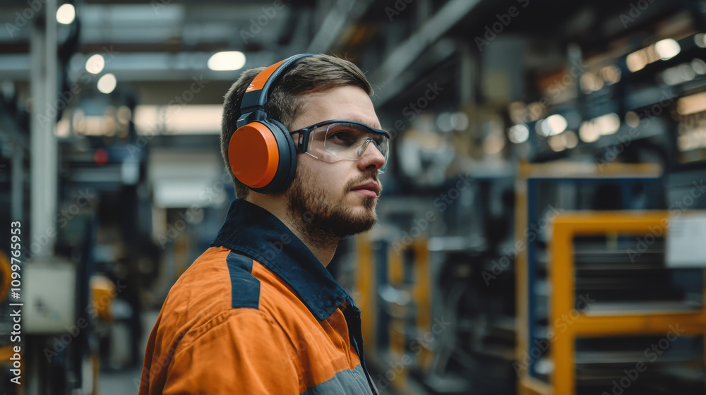 Factory worker wearing hearing protection and safety glasses at work ...