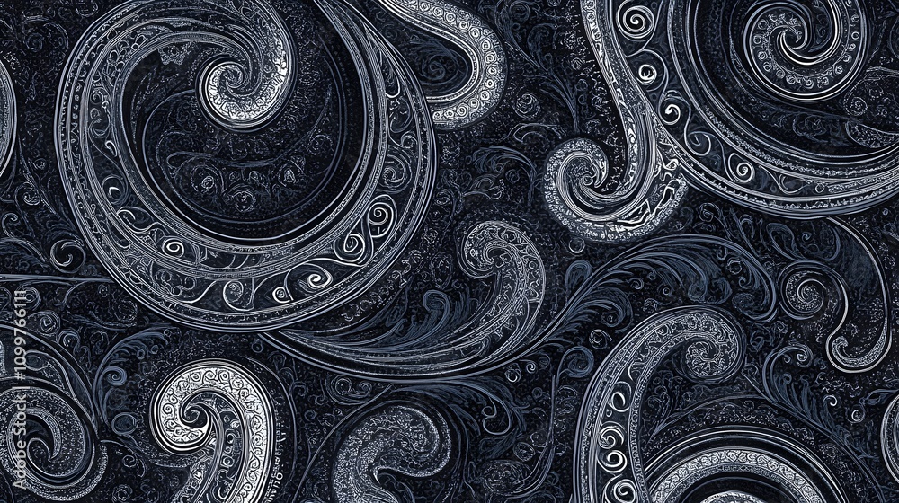 A black background with subtle paisley patterns in gray, creating an ...