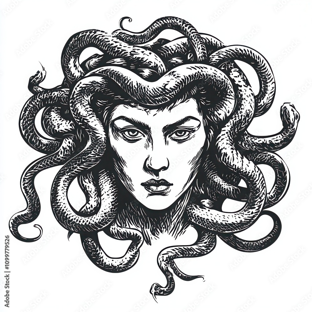 Medusa depicted in a classic woodcut vector style, her hair alive with ...