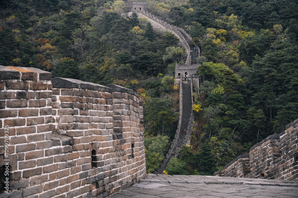 Great Wall of China, path with brick wall and multiple steps between ...