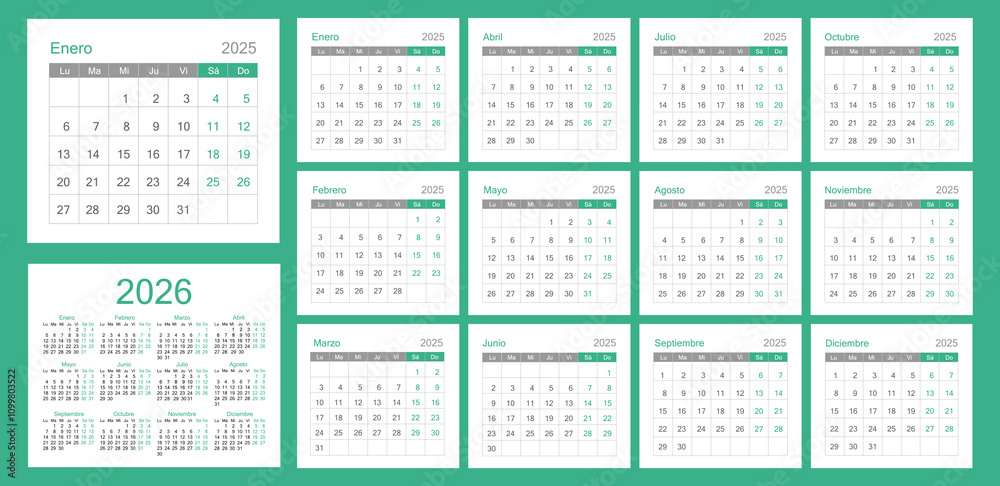 Calendar 2025 template in Spanish for 12 months. The week starts on ...