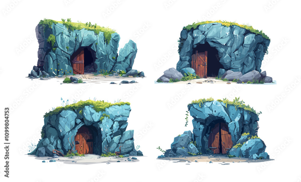 Cartoon abandoned mine. Old cave entrance with timber door, digging ...