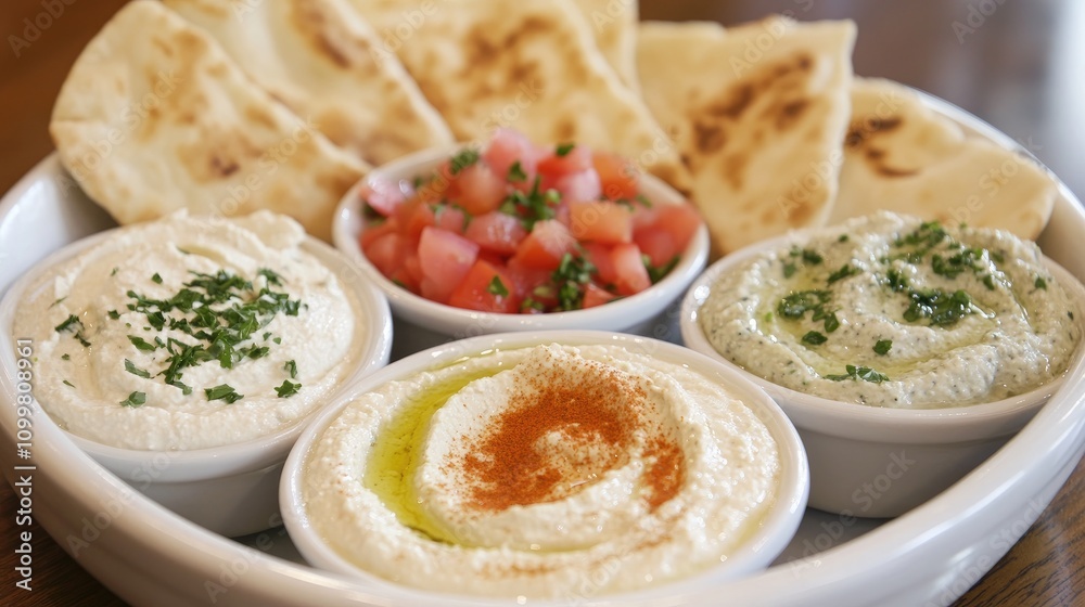 Mediterranean dips platter featuring hummus, baba ganoush, tzatziki, and fresh tomato salsa ...