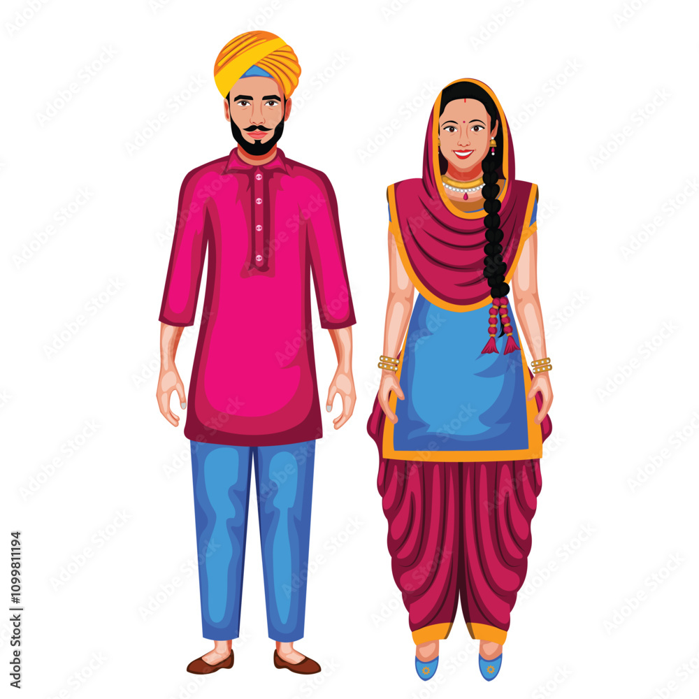 Indian Punjabi Couple In Traditional Costume Cartoon Character Vector ...