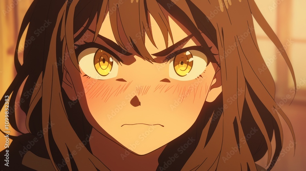 Ilustracja bez tantiem: Anime Girl with Yellow Eyes and Blushing Cheeks ...