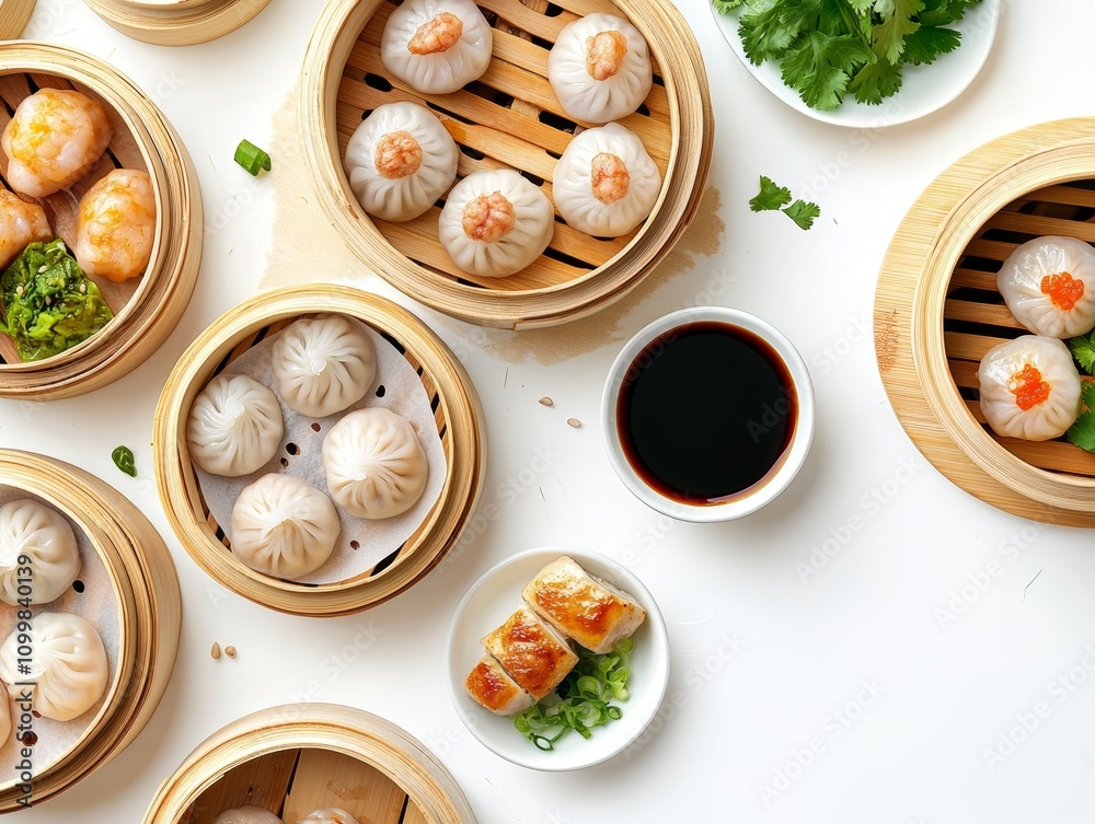 Top view of chinese dim sum spread in bamboo steamers food presentation ...