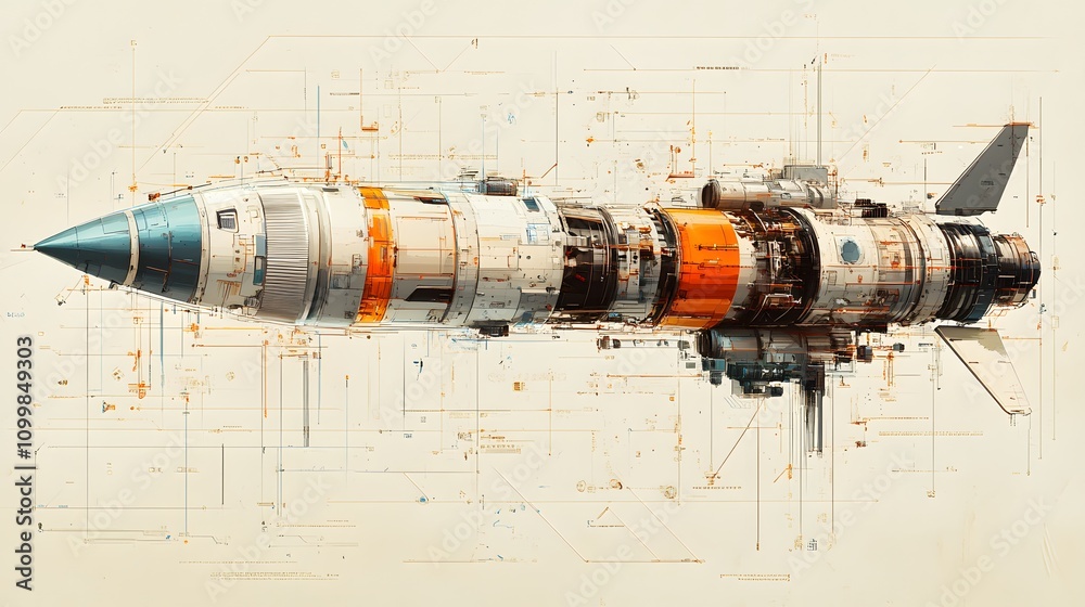 Vintage-style technical illustration of satellite structure with orange ...
