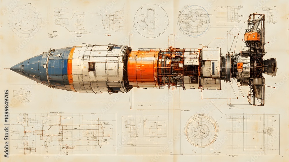 Vintage-style technical illustration of satellite structure with orange ...