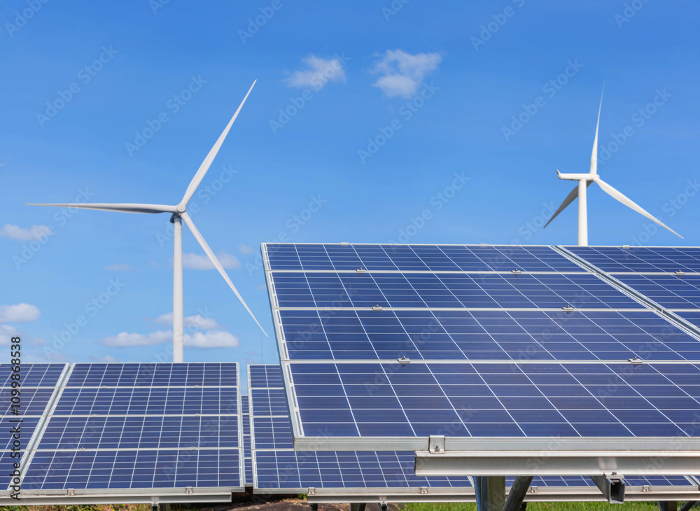 Rows array of Solar panels and wind turbines generating electricity in ...