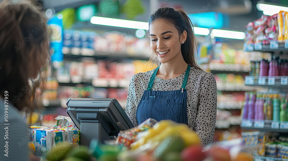 Friendly cashier assisting customer at busy grocery store checkout ...