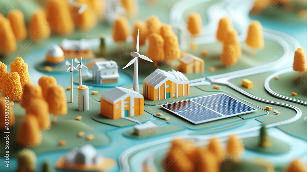 Wind and solar energy flowchart, path to net zero, 3D illustration ...