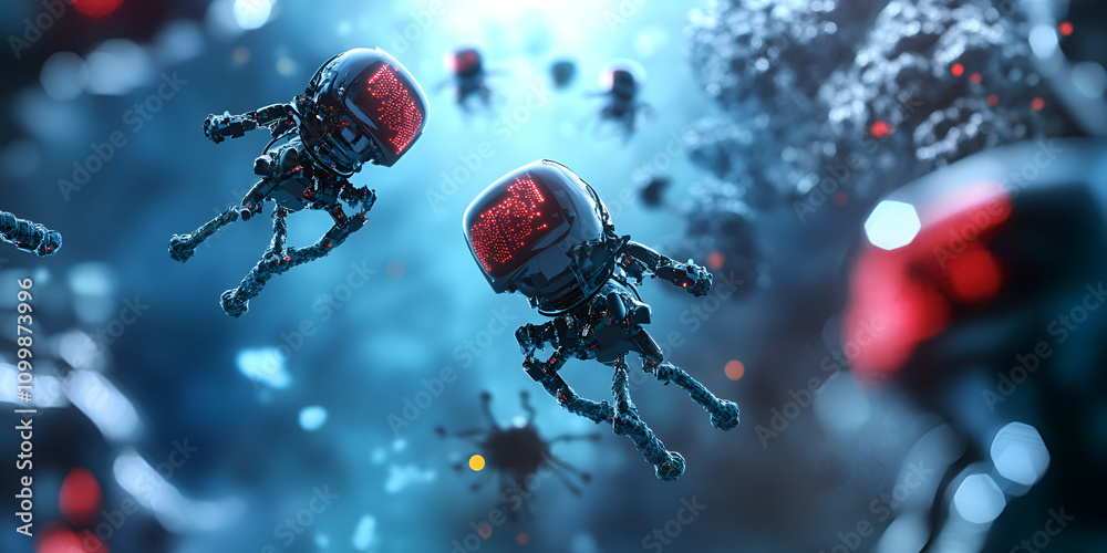 Microscopic Machine Invasion: Tiny, mechanical creatures, with glowing ...