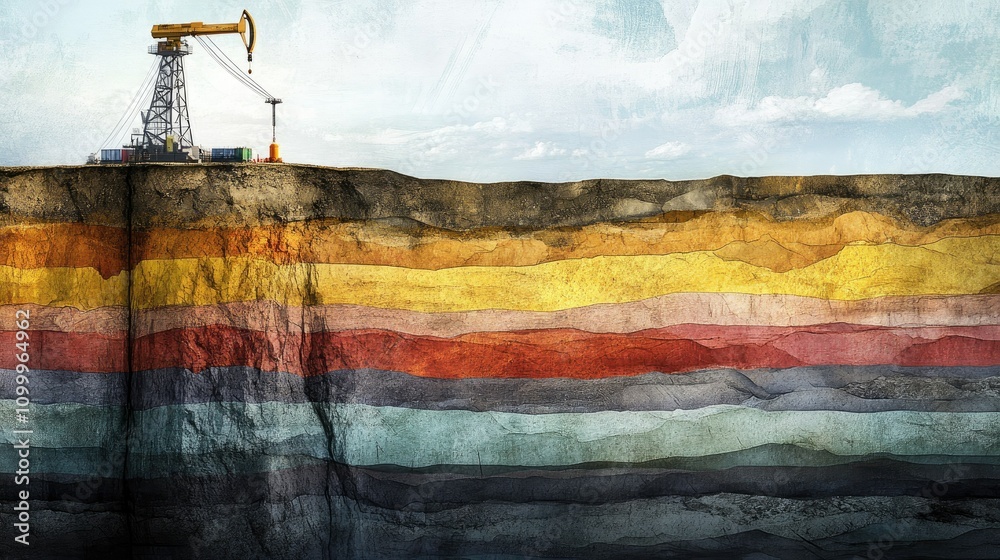 Oil Rig Above Stratified Layers of Earth's Crust in Cross-Section View ...