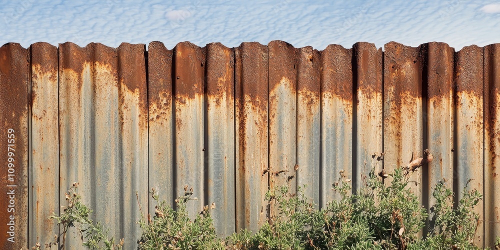 Zinc fence with visible rust stains showcases the effects of weathering ...