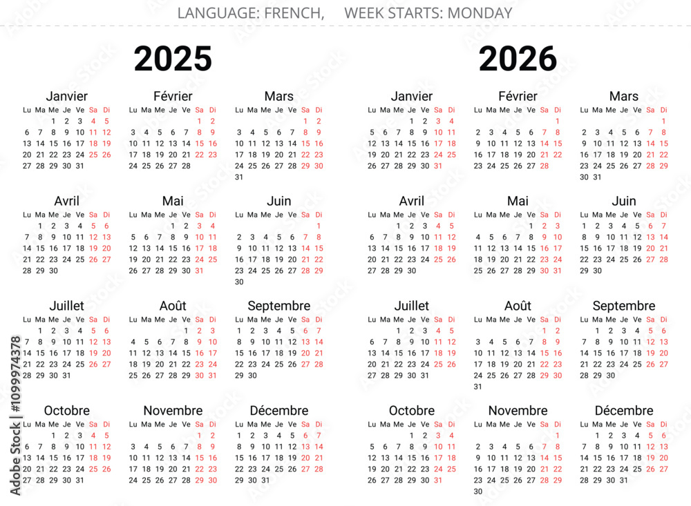 2025 and 2026 year french calendars. Printable vector illustration set ...