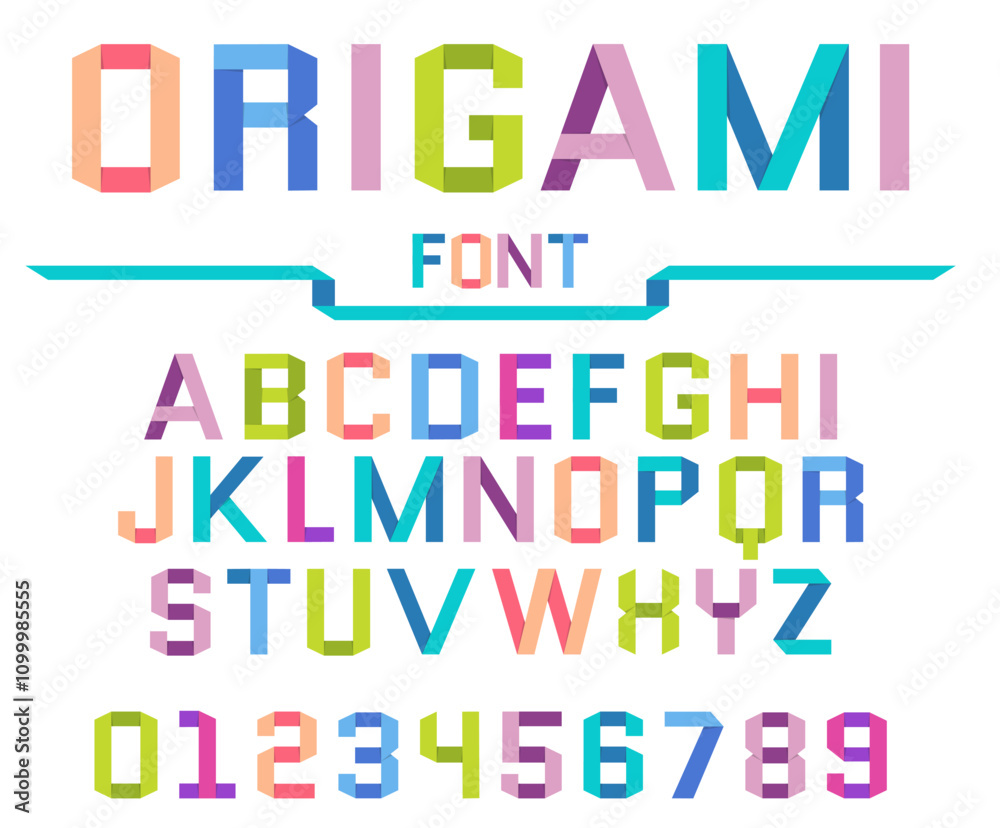 Multicolor paper alphabet. Folded stripes and ribbons. Origami font ...