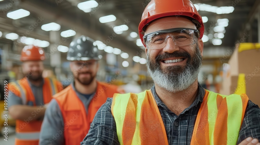 Diverse group of industrial workers standing together in a factory ...