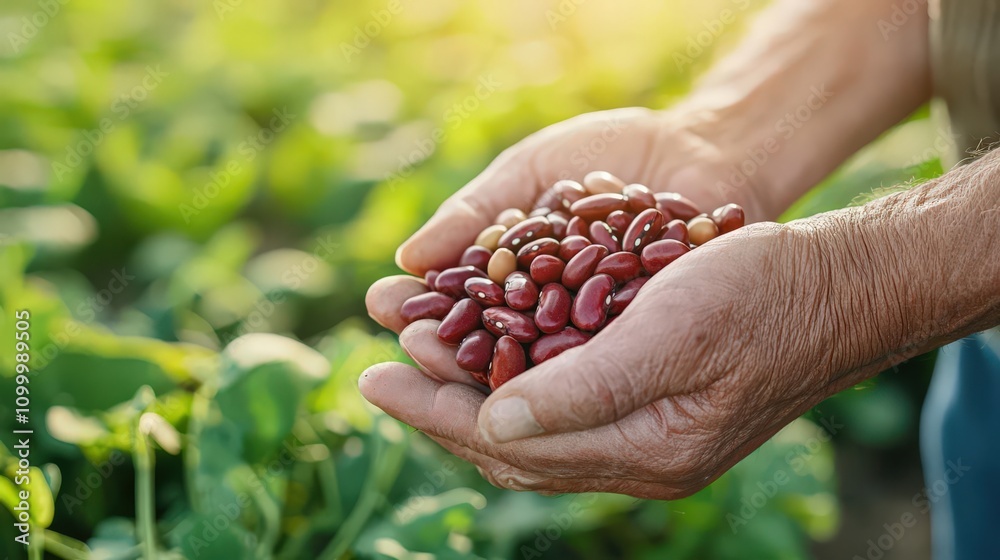 Handful of vibrant beans and legumes against a blurred green background ...