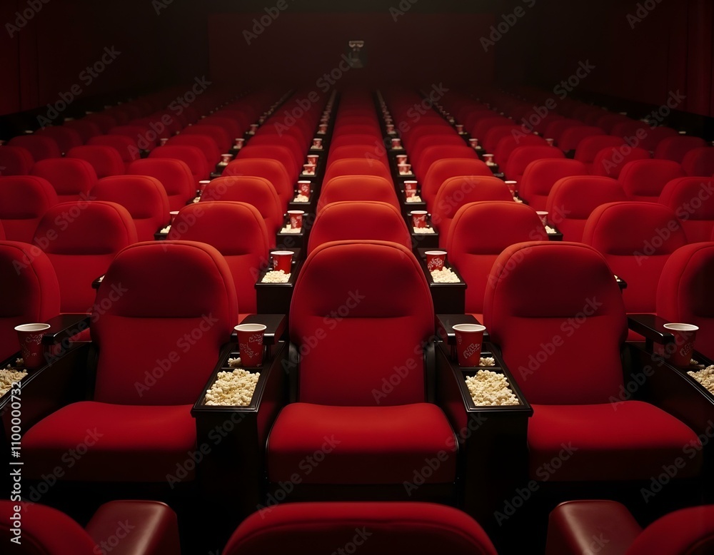 Interior of empty cinema with rows of red seats with cup holders and ...