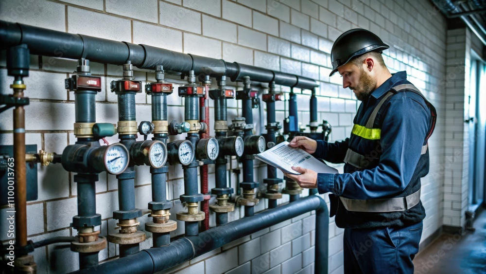 Industrial Worker Inspecting Piping System with Checklist Stock Photo ...
