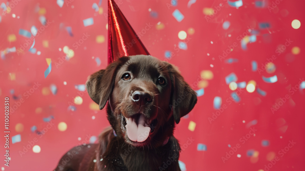 Labrador dog portrait in celebration cone on red background with ...