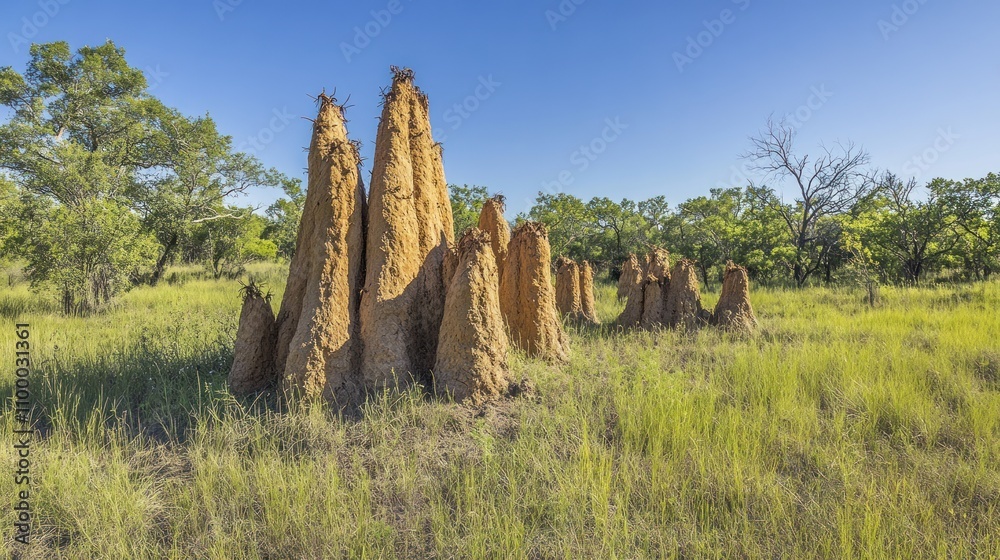 Majestic termite mounds in African savanna under a clear blue sky ...