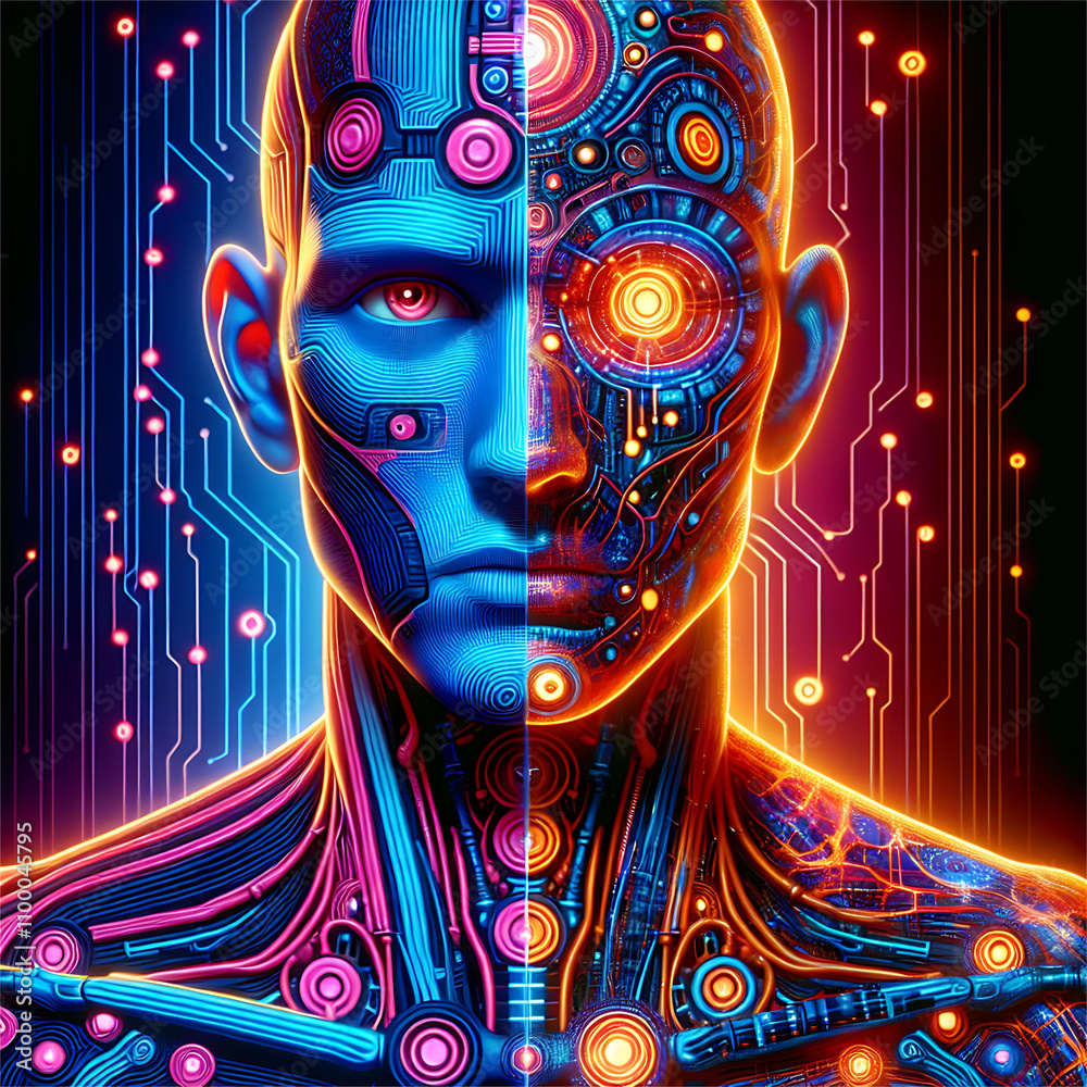 3D half-human, half-cyborg figure with circuitry skin, symbolizing the ...