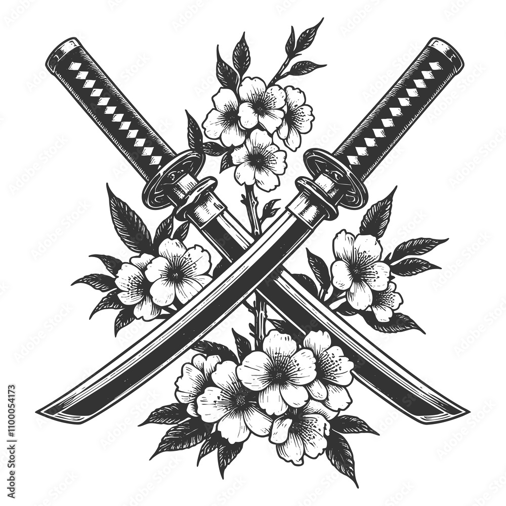 crossed katana swords with cherry blossom flowers. Tattoo design ...
