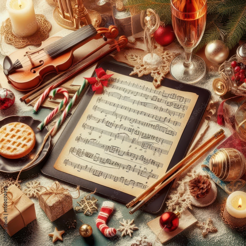 A festive scene featuring a violin, sheet music, candles, a glass of ...